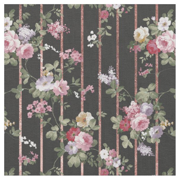 Bohemian pink roses flowers pastel blue stripes fabric | Zazzle