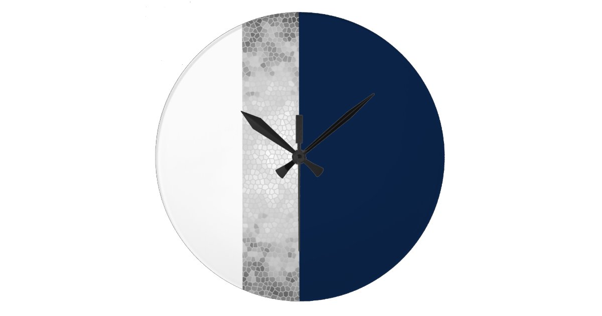 elegant faux silver, navy blue, white stripes large clock | Zazzle.com