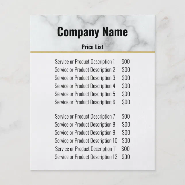 Elegant Faux White Marble Business Price List Flyer | Zazzle