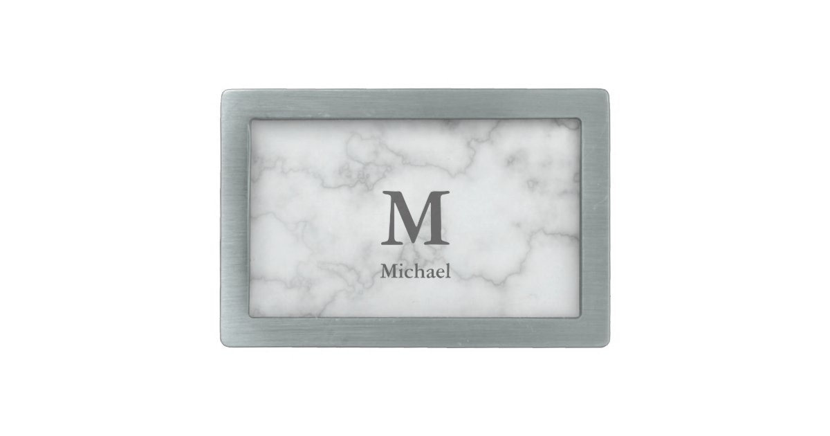 Elegant Faux White Marble Dark Gray Monogram Name Belt Buckle | Zazzle