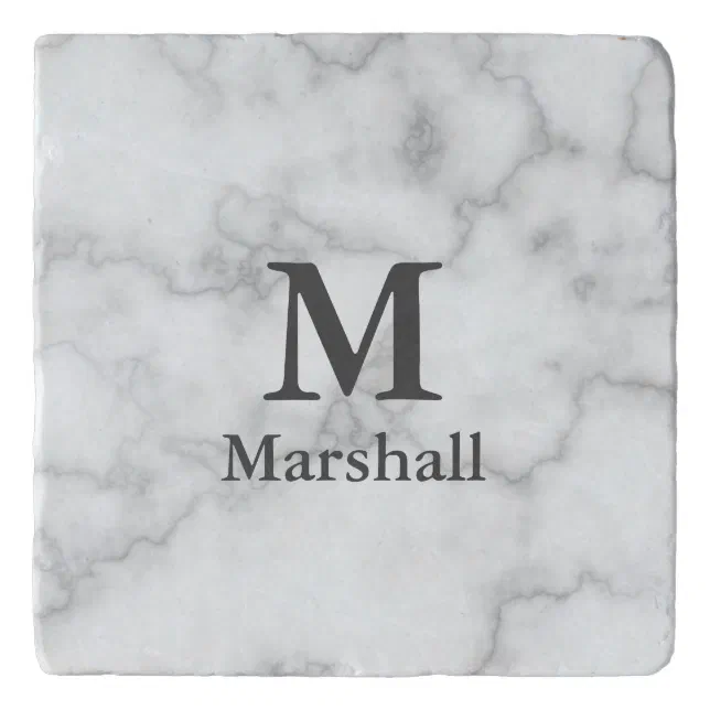 Elegant Faux White Marble with Name & Monogram Trivet | Zazzle