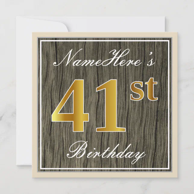 Elegant, Faux Wood, Faux Gold 41st Birthday + Name Invitation | Zazzle