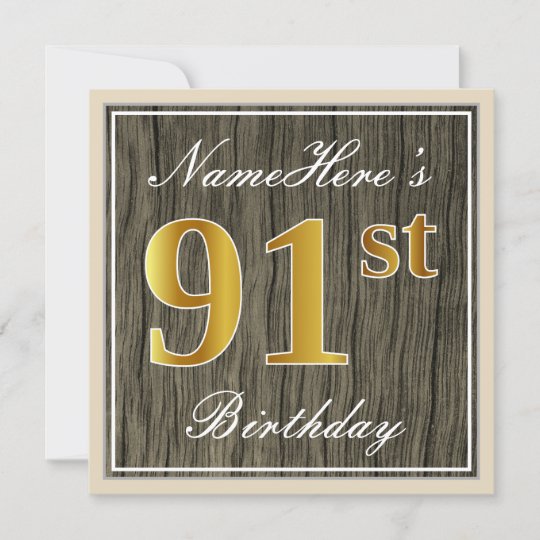 Elegant, Faux Wood, Faux Gold 91st Birthday + Name Invitation | Zazzle.com