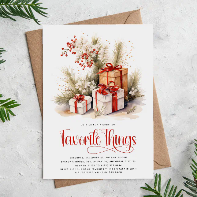 Elegant 'Favorite Things' Gift Exchange Christams Invitation | Zazzle