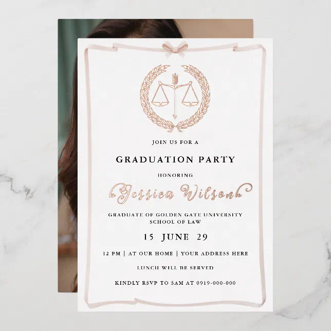 Elegant Female Law School Graduation Photo Foil Invitation | Zazzle