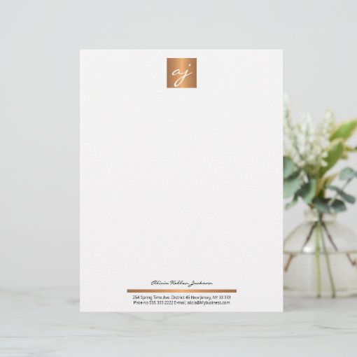 Elegant feminine black white copper gold monogram letterhead | Zazzle