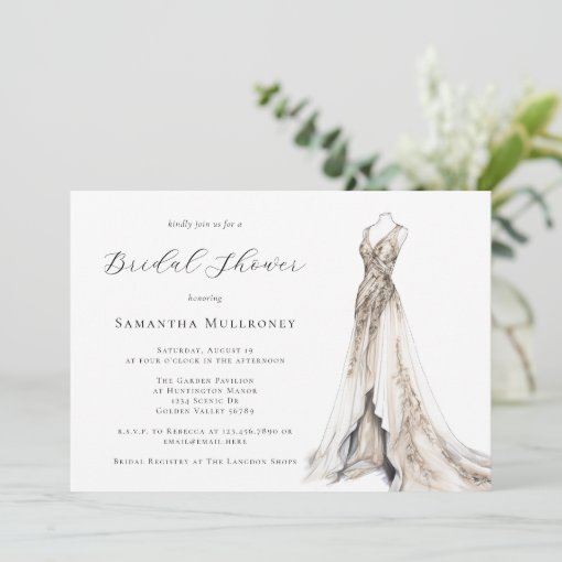 Elegant Feminine Gown Wedding Dress Bridal Shower Invitation | Zazzle
