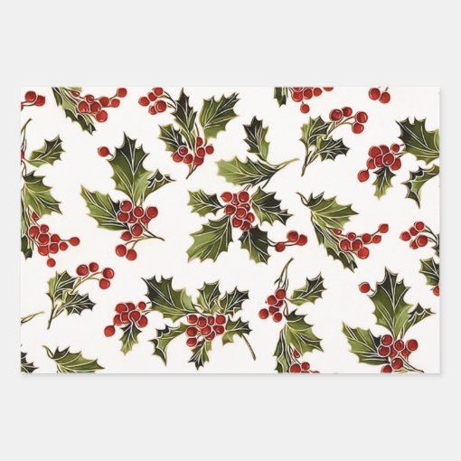 Elegant Festive Christmas Plaid and Holly Wrapping Paper Sheets | Zazzle