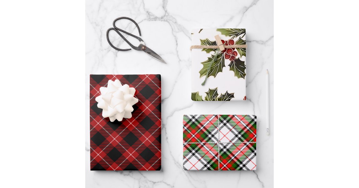 Elegant Festive Christmas Plaid and Holly Wrapping Paper Sheets | Zazzle