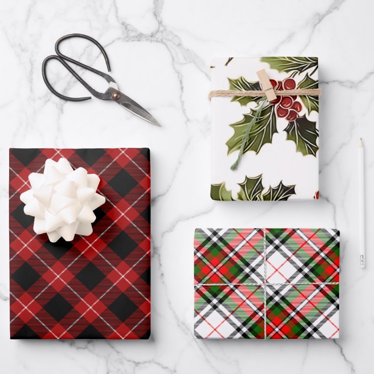 Elegant Festive Christmas Plaid and Holly Wrapping Paper Sheets | Zazzle