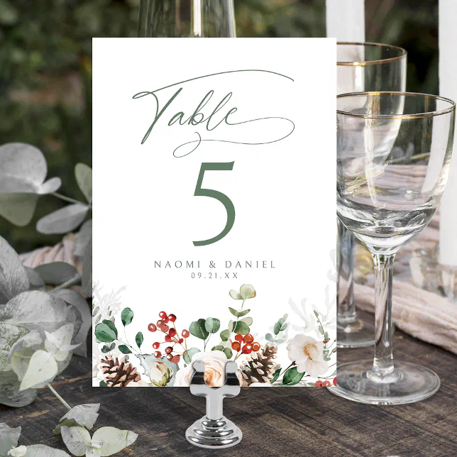 Elegant Festive Floral Holiday Winter Wedding Table Number | Zazzle