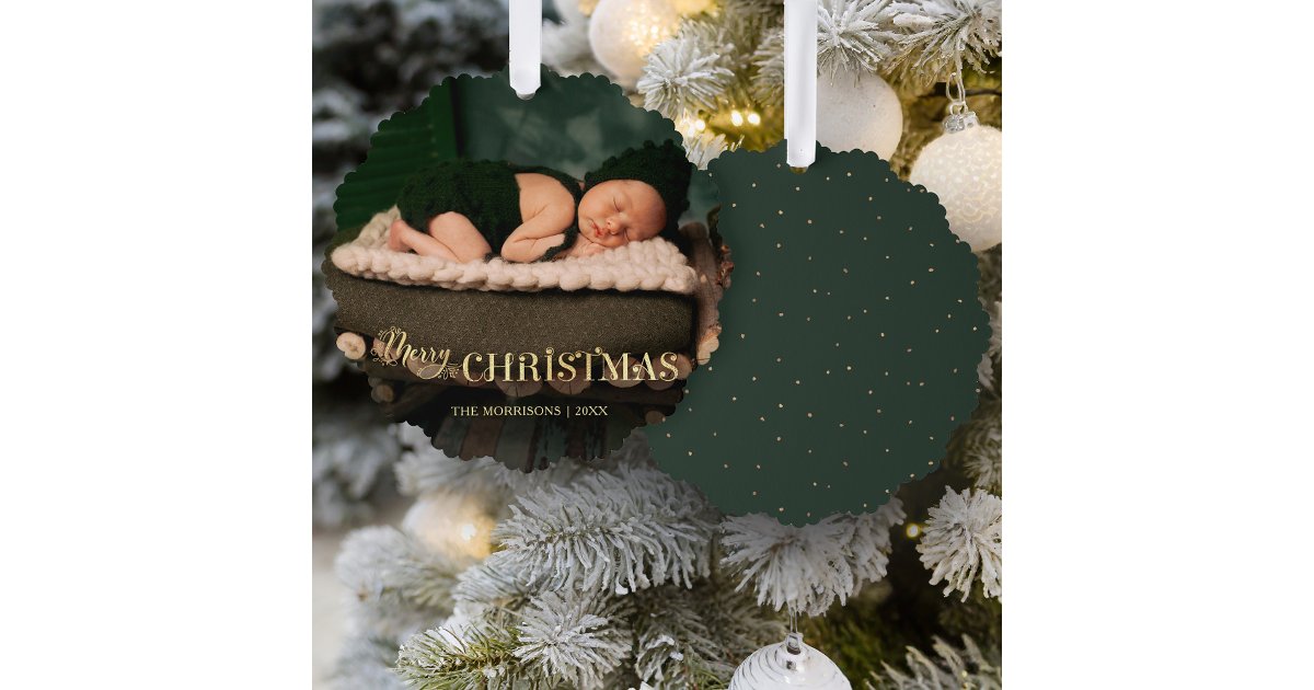Elegant Festive Gold Merry Christmas Script Photo Ornament Card | Zazzle