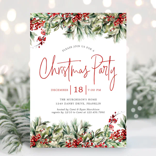 Elegant Festive Greenery Holiday Party Invitation | Zazzle