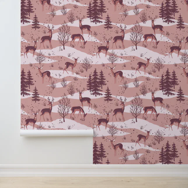 Elegant Festive Retro Pink Woodland Deer Wallpaper | Zazzle