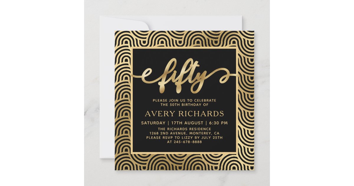 Elegant Fifty Script Black and Gold 50th Birthday Invitation | Zazzle