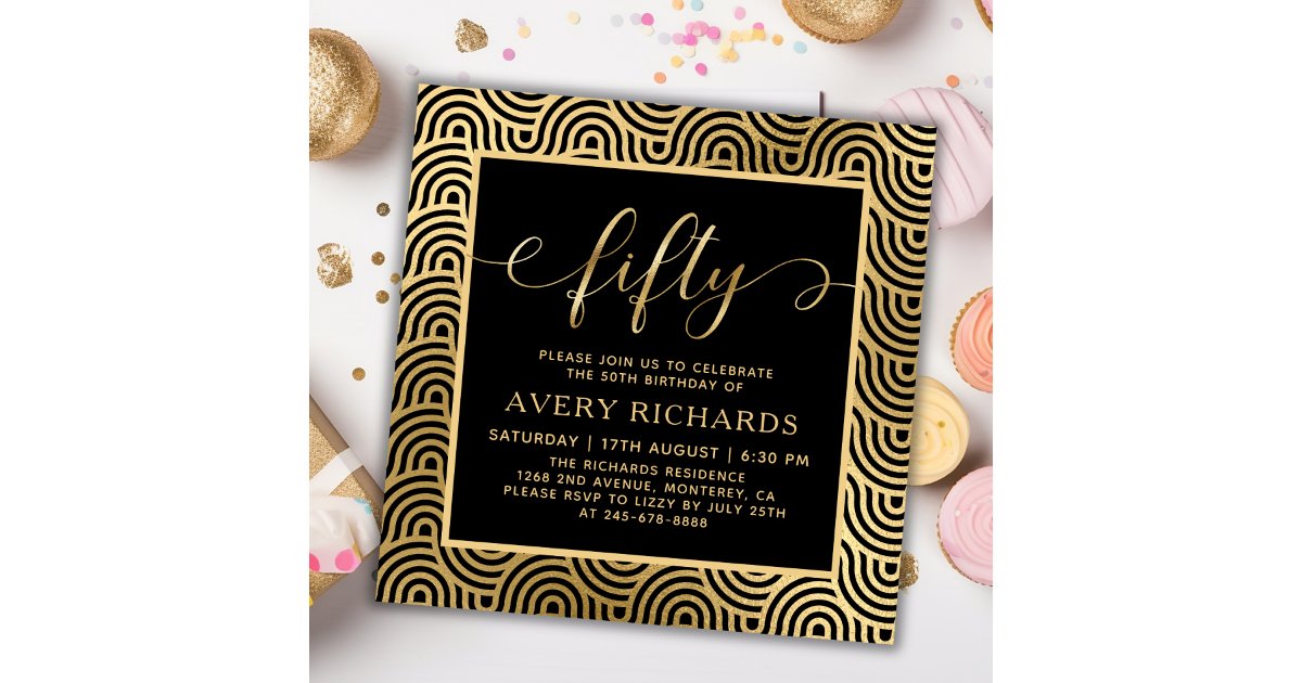 Elegant Fifty Script Black and Gold 50th Birthday Invitation | Zazzle