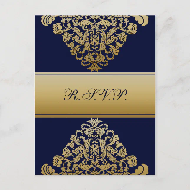 Elegant Filigree Navy Gold Wedding Invitation Postcard | Zazzle