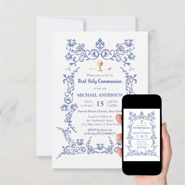 Elegant First Communion gold calice victorian blue Invitation | Zazzle