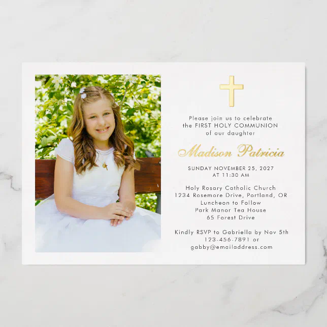 Elegant First Communion Photo Real Gold Foil Invitation | Zazzle