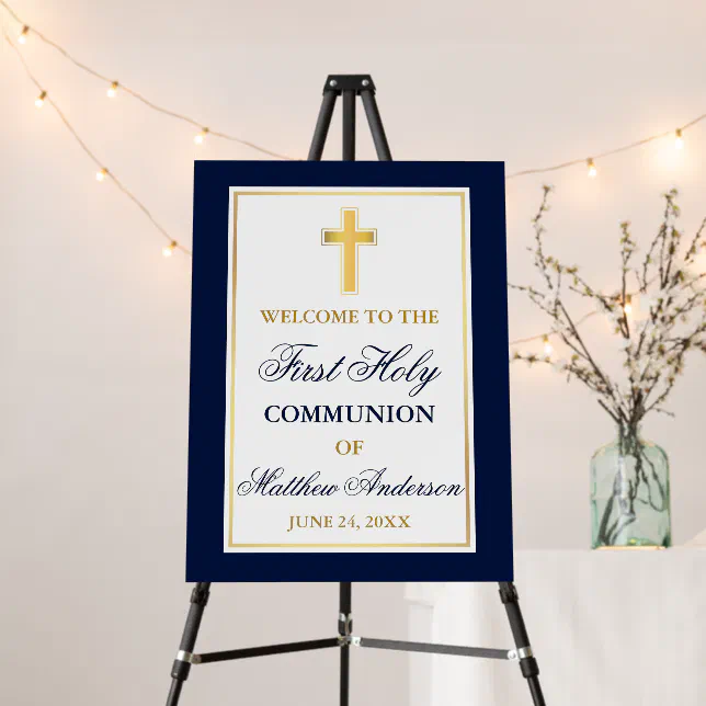 Elegant First Holy Communion Blue Gold Welcome Foam Board | Zazzle