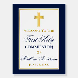 Elegant First Holy Communion Blue Gold Welcome Foam Board | Zazzle