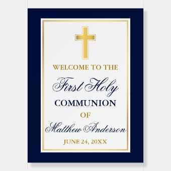 Elegant First Holy Communion Blue Gold Welcome Foam Board | Zazzle