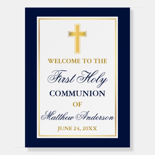 Elegant First Holy Communion Blue Gold Welcome Foam Board | Zazzle