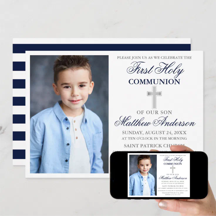 Elegant First Holy Communion Blue Silver Striped Invitation | Zazzle