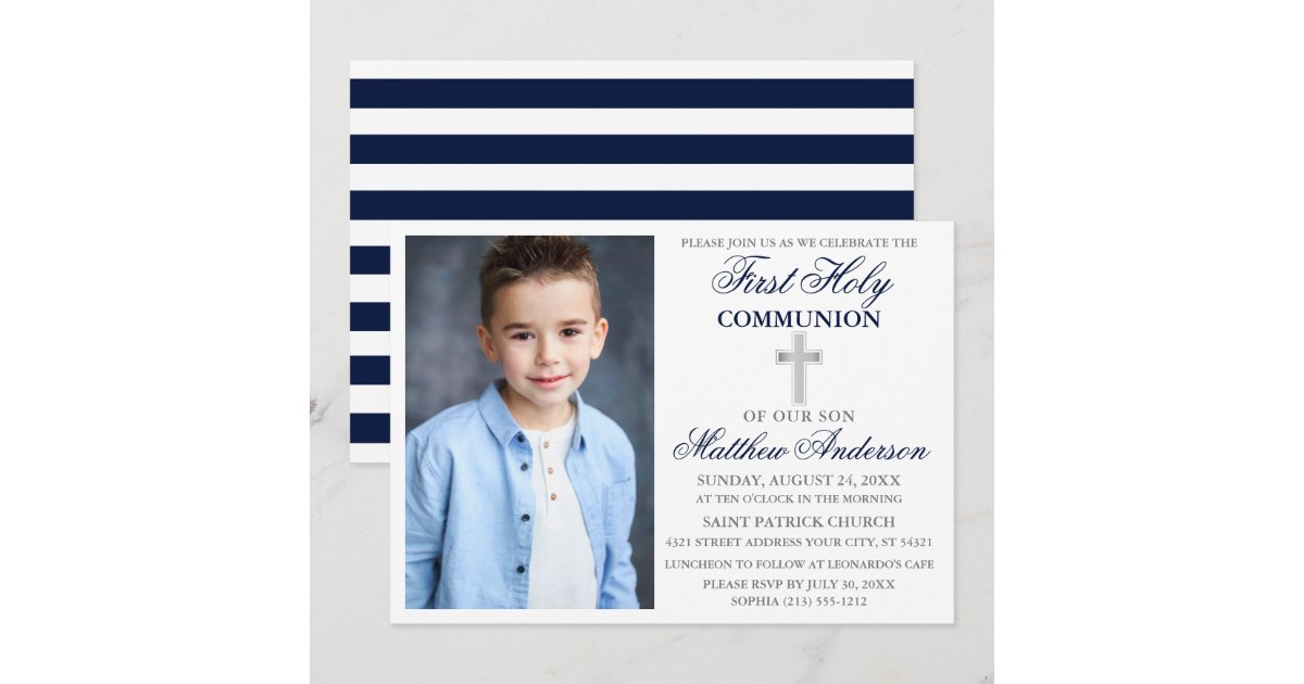 Elegant First Holy Communion Blue Silver Striped Invitation | Zazzle