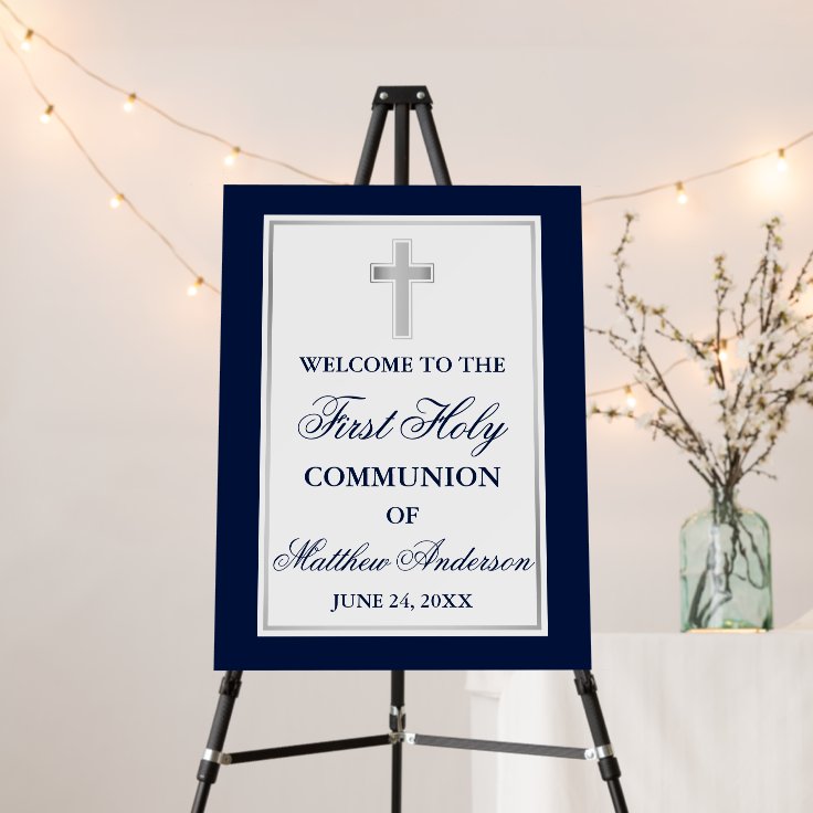 Elegant First Holy Communion Blue Silver Welcome Foam Board | Zazzle