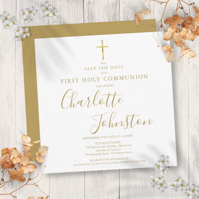 Elegant First Holy Communion Gold Save The Date Announcement | Zazzle