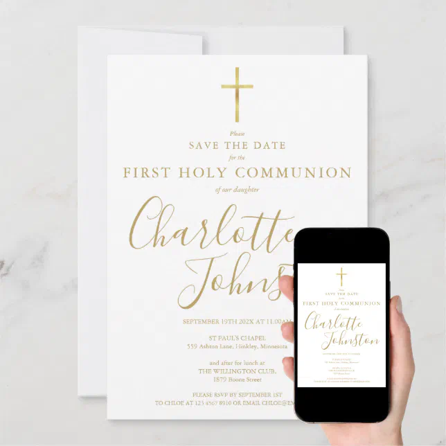 Elegant First Holy Communion Gold Signature Save The Date | Zazzle