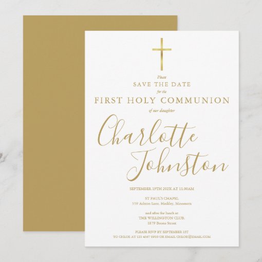 Elegant First Holy Communion Gold Signature Save The Date | Zazzle