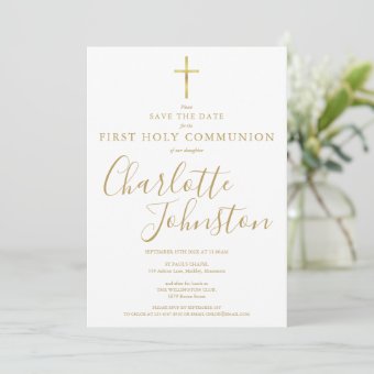 Elegant First Holy Communion Gold Signature Save The Date | Zazzle