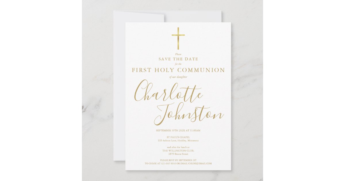 Elegant First Holy Communion Gold Signature Save The Date | Zazzle