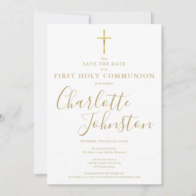Elegant First Holy Communion Gold Signature Save The Date | Zazzle