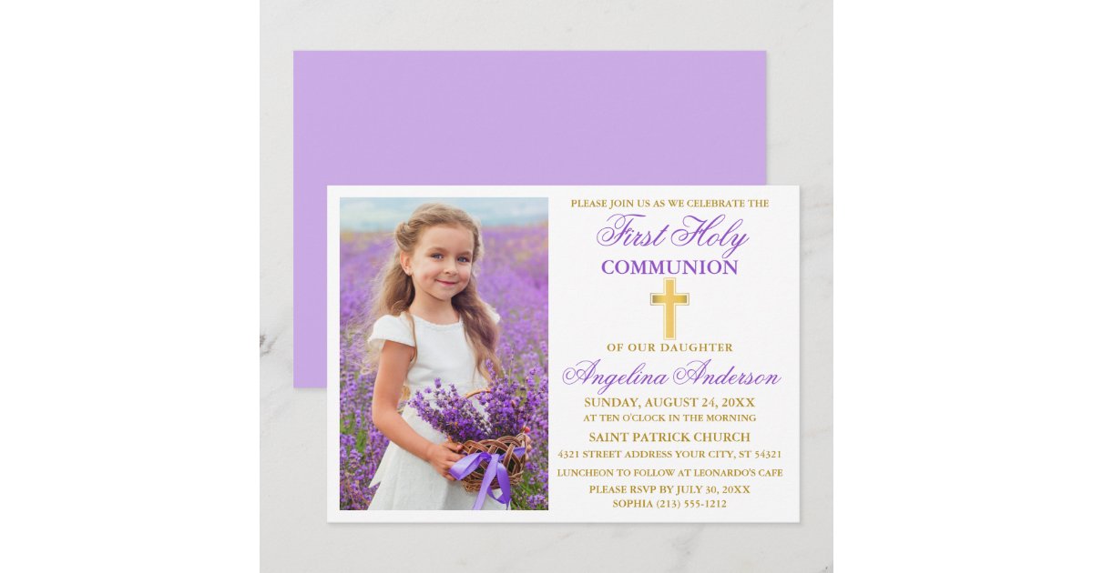 Elegant First Holy Communion Photo Violet Gold Invitation | Zazzle