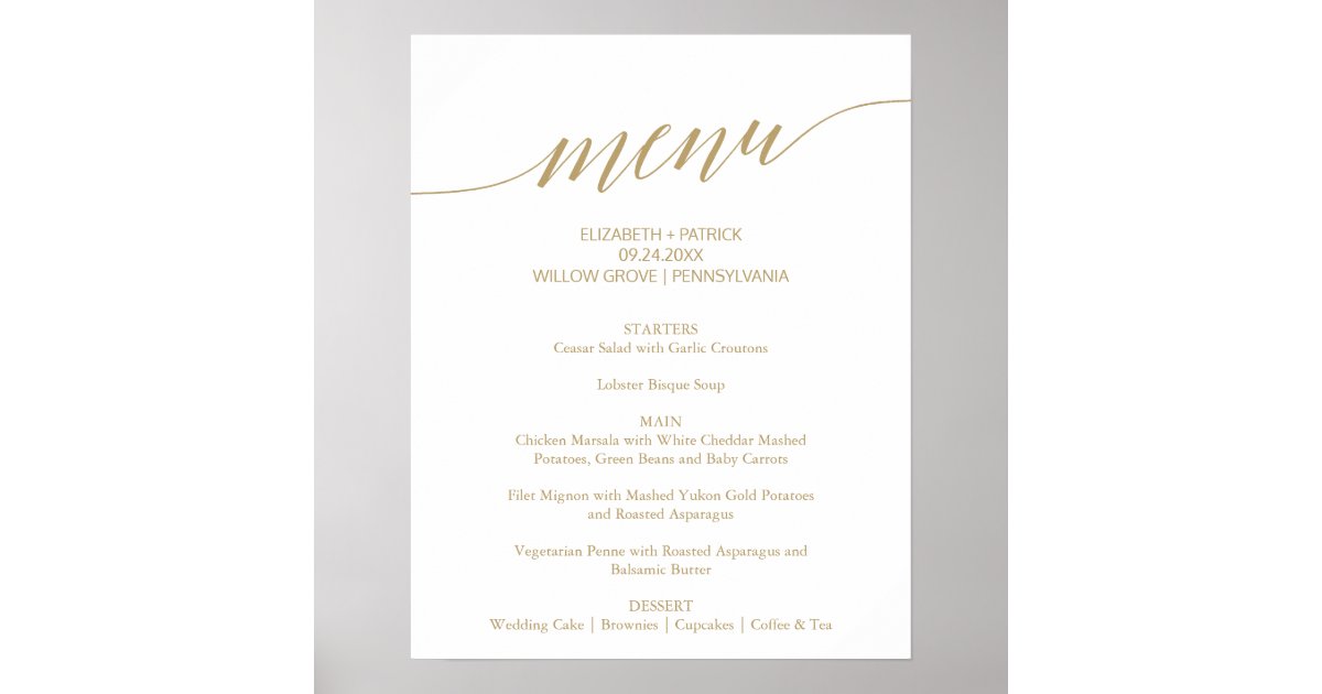Elegant Flat Gold Calligraphy Wedding Menu Sign | Zazzle