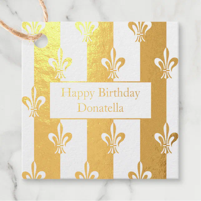 Elegant Fleur de Lis Happy Birthday Foil Favor Tags | Zazzle