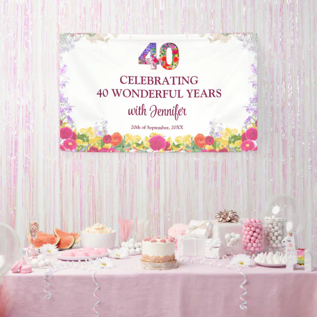 Elegant Floral 40th Birthday Party / 40 Years Banner | Zazzle