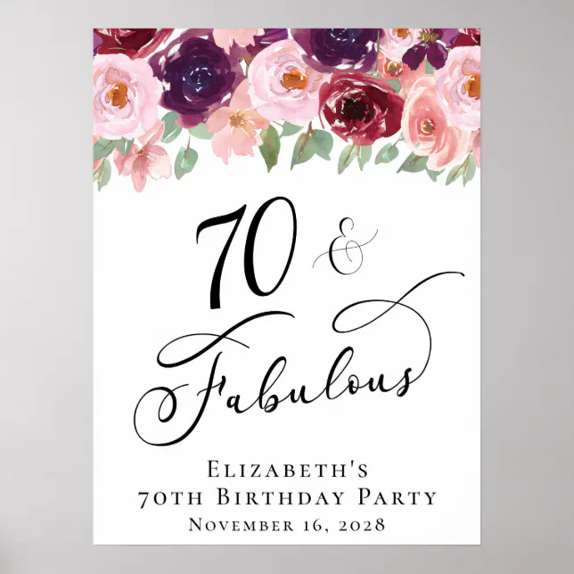 Elegant Floral 70th Birthday Party Poster | Zazzle