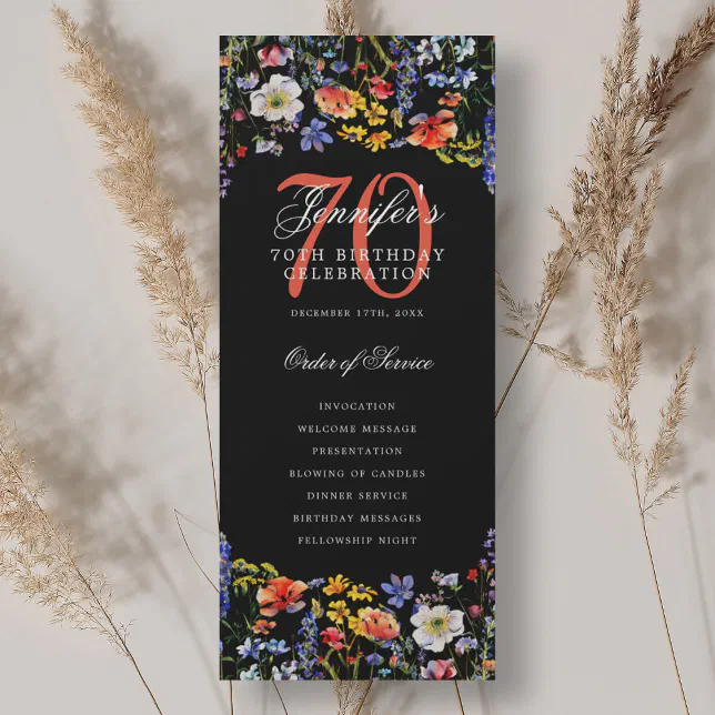 Elegant Floral 70th Birthday Program Black | Zazzle