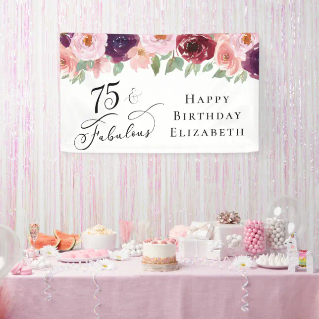 Elegant Floral 75th Birthday Party Banner | Zazzle