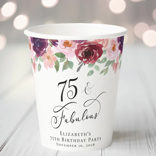 Elegant Floral 75th Birthday Party Paper Cups | Zazzle