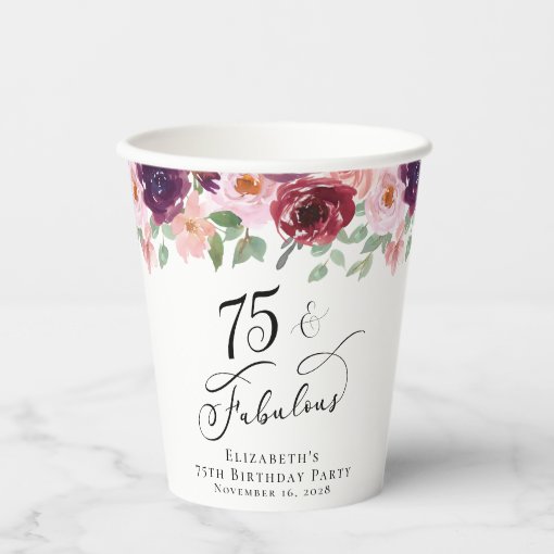 Elegant Floral 75th Birthday Party Paper Cups | Zazzle