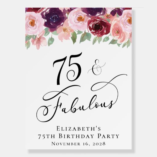 Elegant Floral 75th Birthday Party Welcome Foam Board | Zazzle
