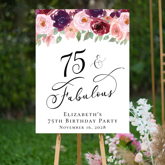 Elegant Floral 75th Birthday Party Welcome Foam Board | Zazzle