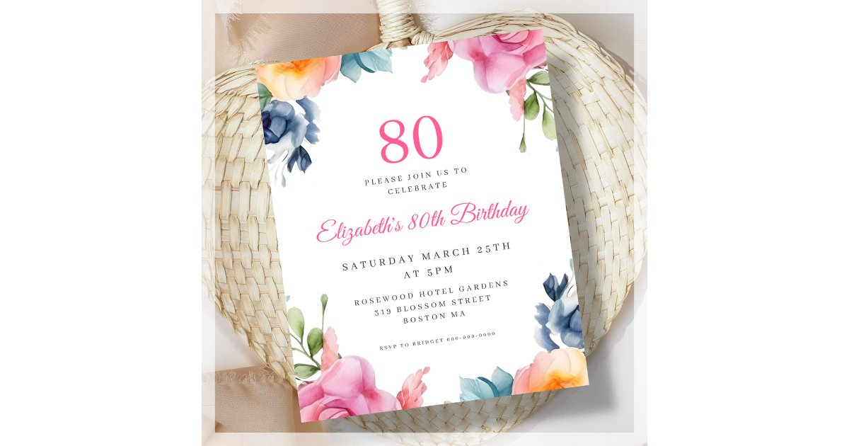 Elegant Floral 80th Birthday Budget Invitation | Zazzle