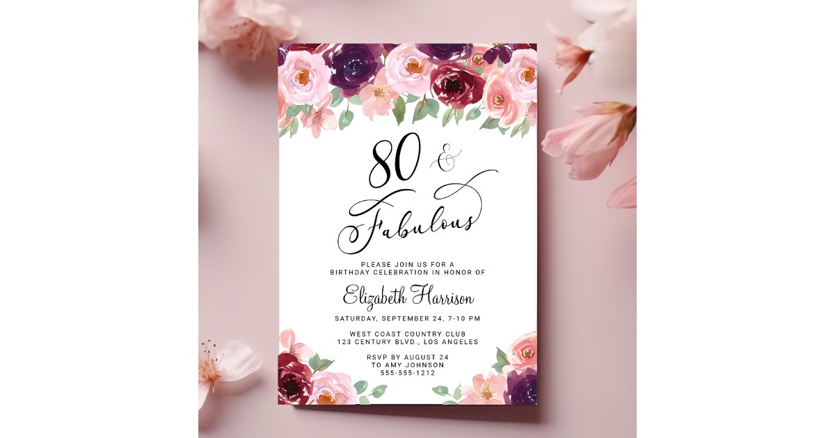 Elegant Floral 80th Birthday Party Invitation | Zazzle
