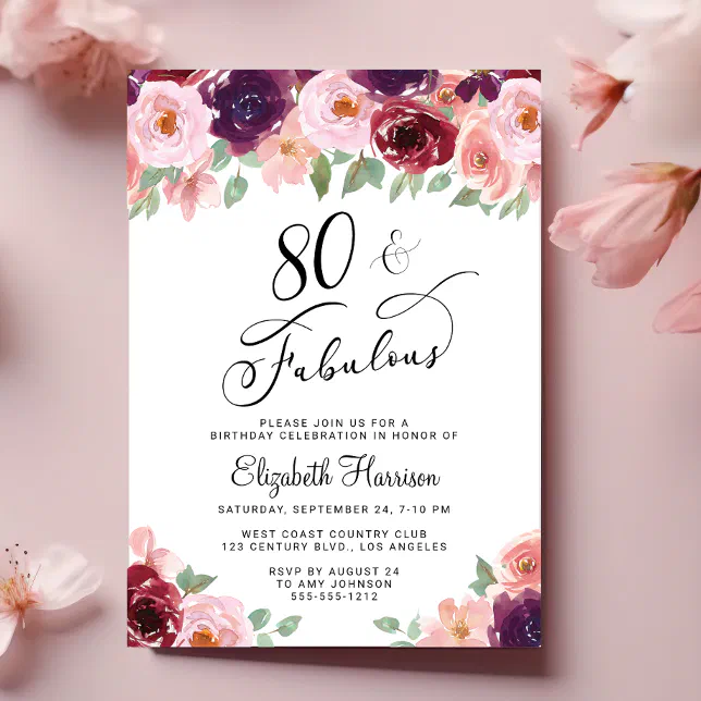 Elegant Floral 80th Birthday Party Invitation | Zazzle